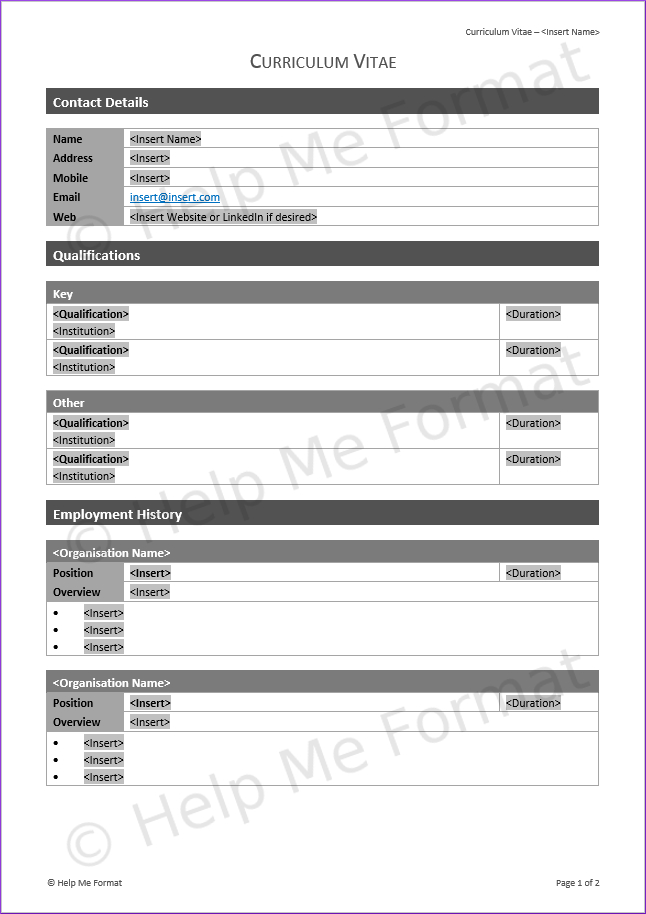 Curriculum Vitaes / Resumes – Help Me Format