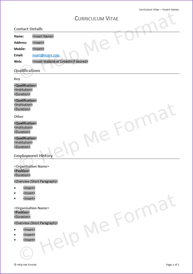 Curriculum Vitaes / Resumes – Help Me Format