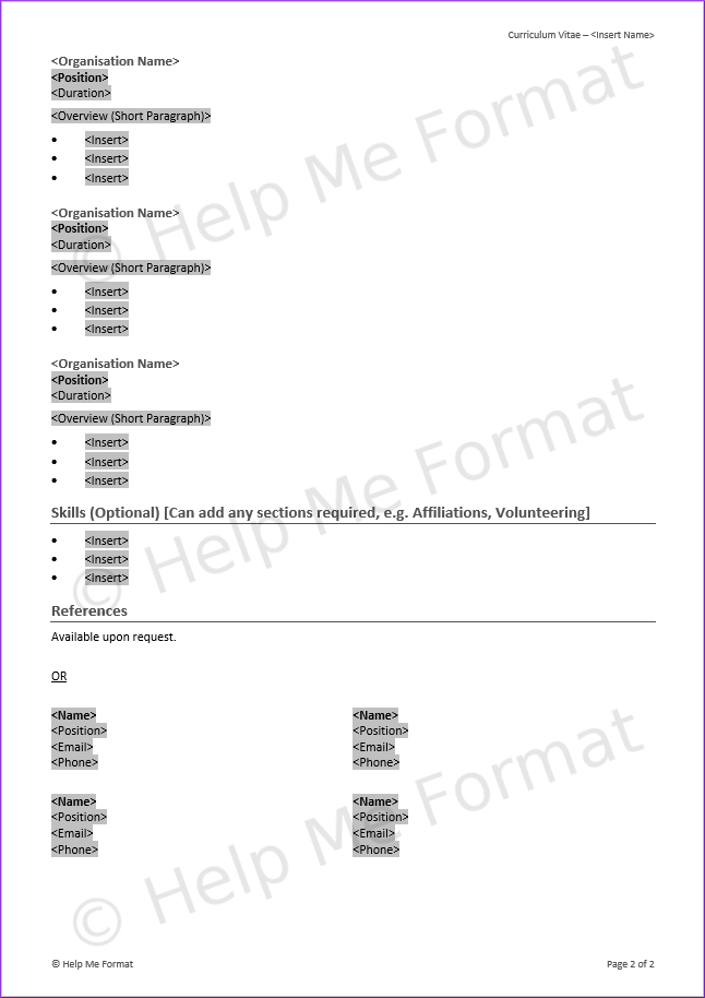 Curriculum Vitaes / Resumes – Help Me Format