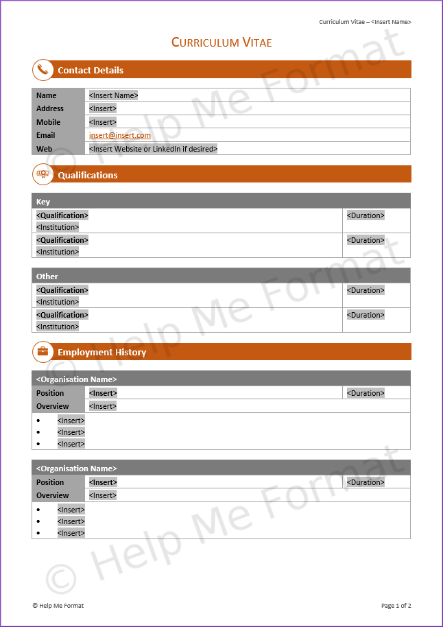 Curriculum Vitaes / Resumes – Help Me Format